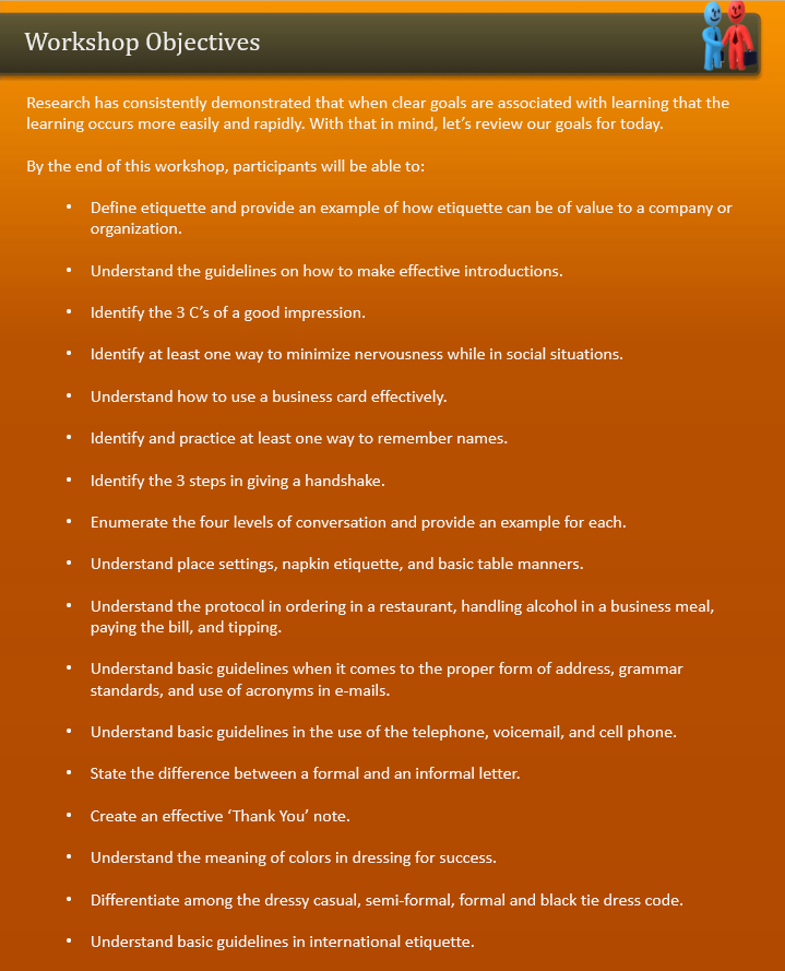 Workshop Objectives Business Etiquette - FreshSkills